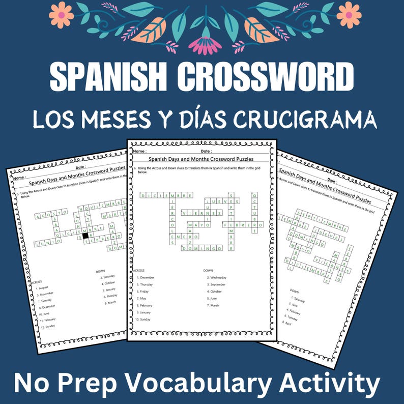 Crucigrama De Los Meses Y Días | Days & Months 6 Spanish Crossword ...