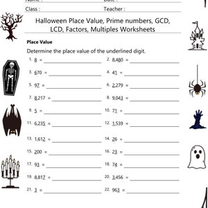 Halloween Math Worksheet: Place Value, Prime Numbers, GCD, LCM - Etsy