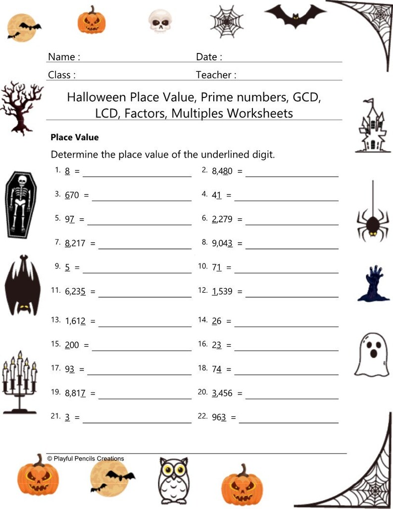 Halloween Math Worksheet: Place Value, Prime Numbers, GCD, LCM - Etsy