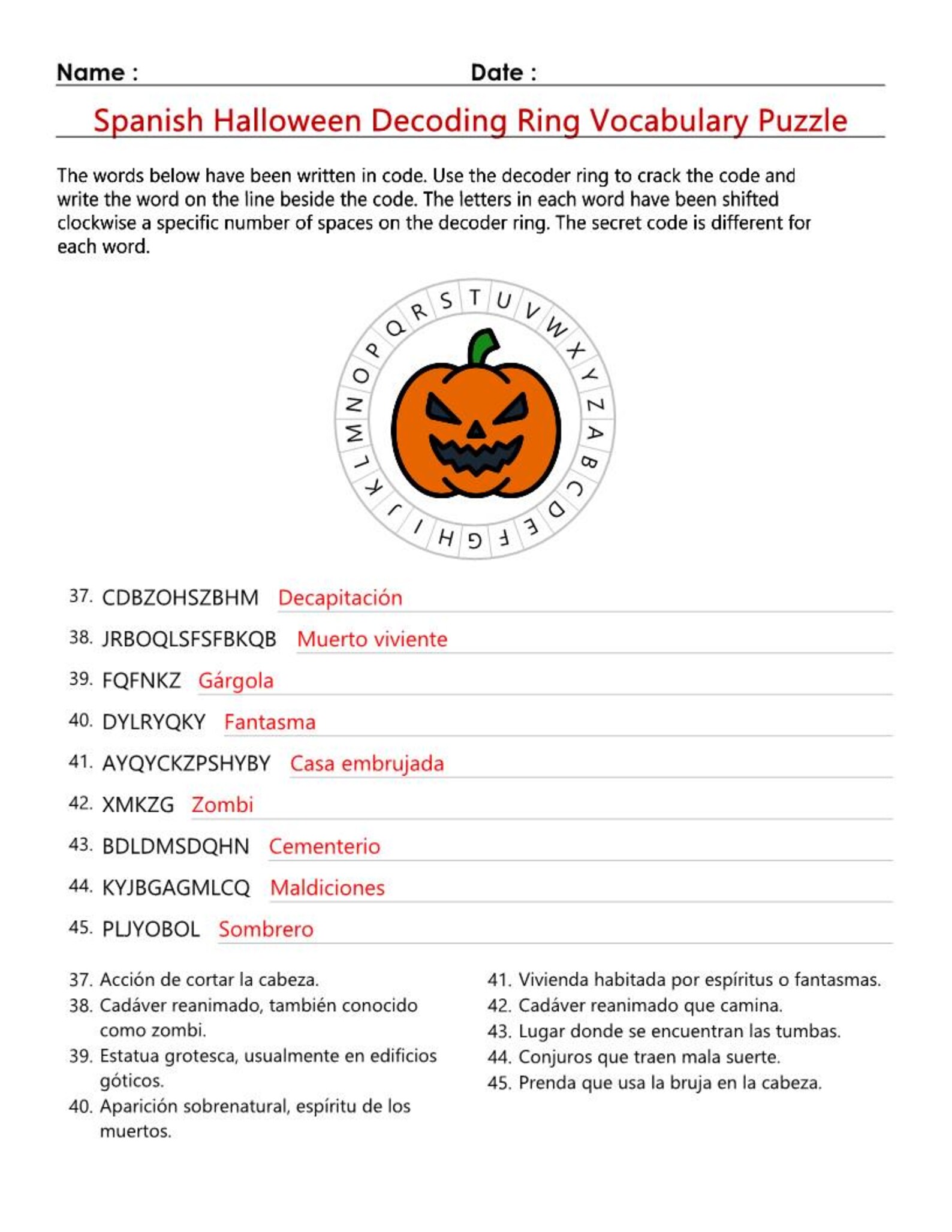 Spanish Halloween 10 Decoding Ring Puzzles Noche De Brujas Espanol ...