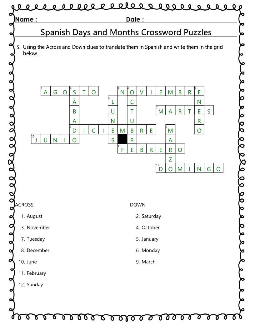 Crucigrama De Los Meses Y Días | Days & Months 6 Spanish Crossword ...