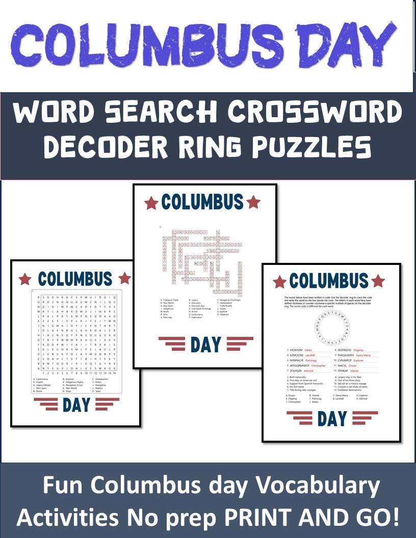 Columbus Day Puzzles: Word Search, Crossword, Decoder Ring (instant ...