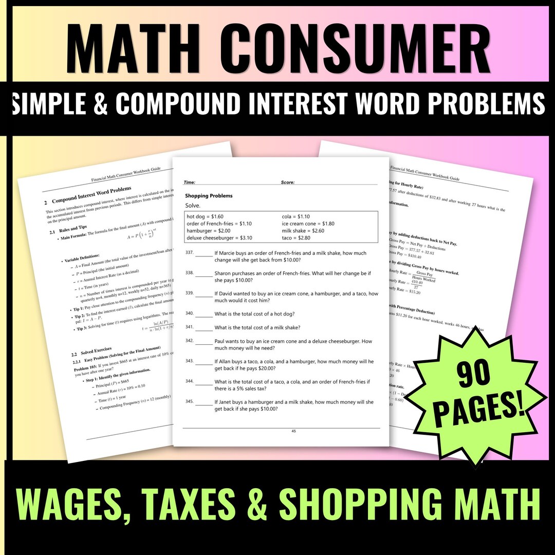 Math Consumer Workbook Printable | Simple and Compound Interest Word ...