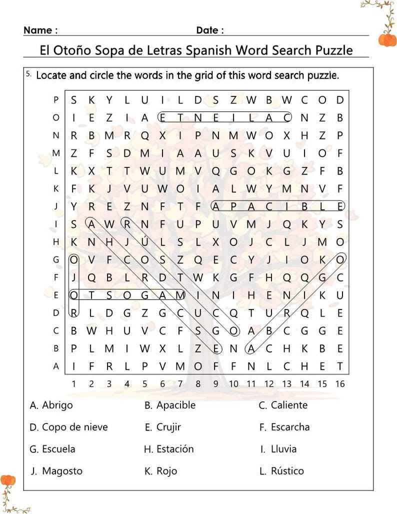 Wordsearch Game in Spanish Espanol Sopa De Letras Actividad 7 Puzzles ...