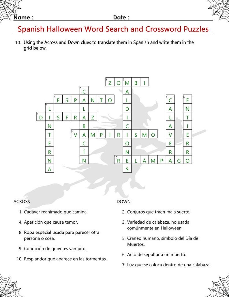 Halloween Printable Spanish Word Search and Crossword 10 Puzzles Noche ...