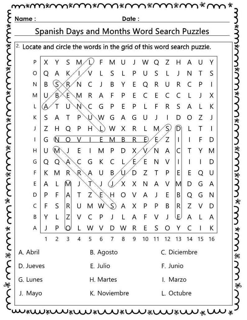 Sopa De Letras De Los Meses Y Días Days & Months 5 Word Search Puzzles ...