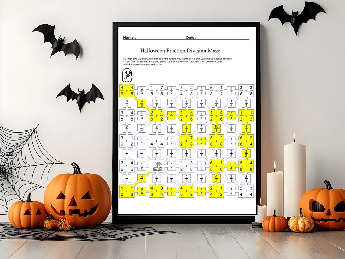 Printable Halloween Fraction Mazes Math Worksheets for 5th Grade Bundle ...