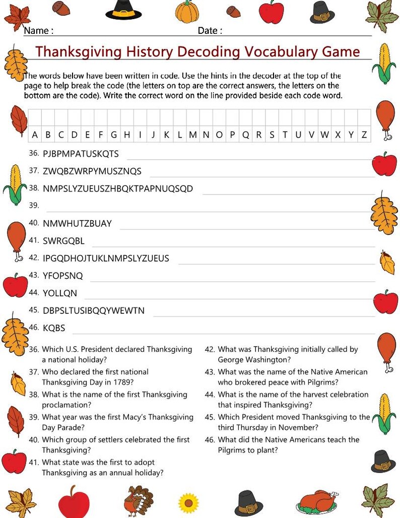 Thanksgiving Trivia Game Bundle: History, Decoding, Crossword ...