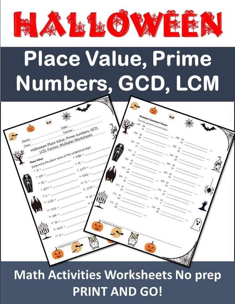 Halloween Math Worksheet: Place Value, Prime Numbers, GCD, LCM - Etsy