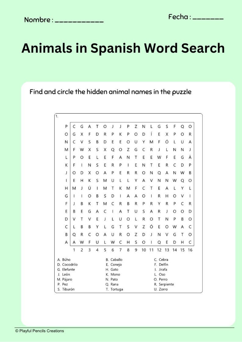 Match Animal Names in Spanish + Word Search About Animals | Los ...