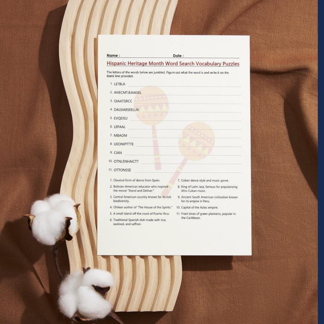Hispanic Heritage Month Word Scramble Puzzles: Vocabulary Activities ...