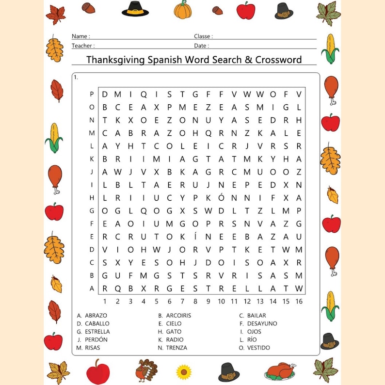 Spanish Thanksgiving Word Search & Crossword | Día De Acción De Gracias ...