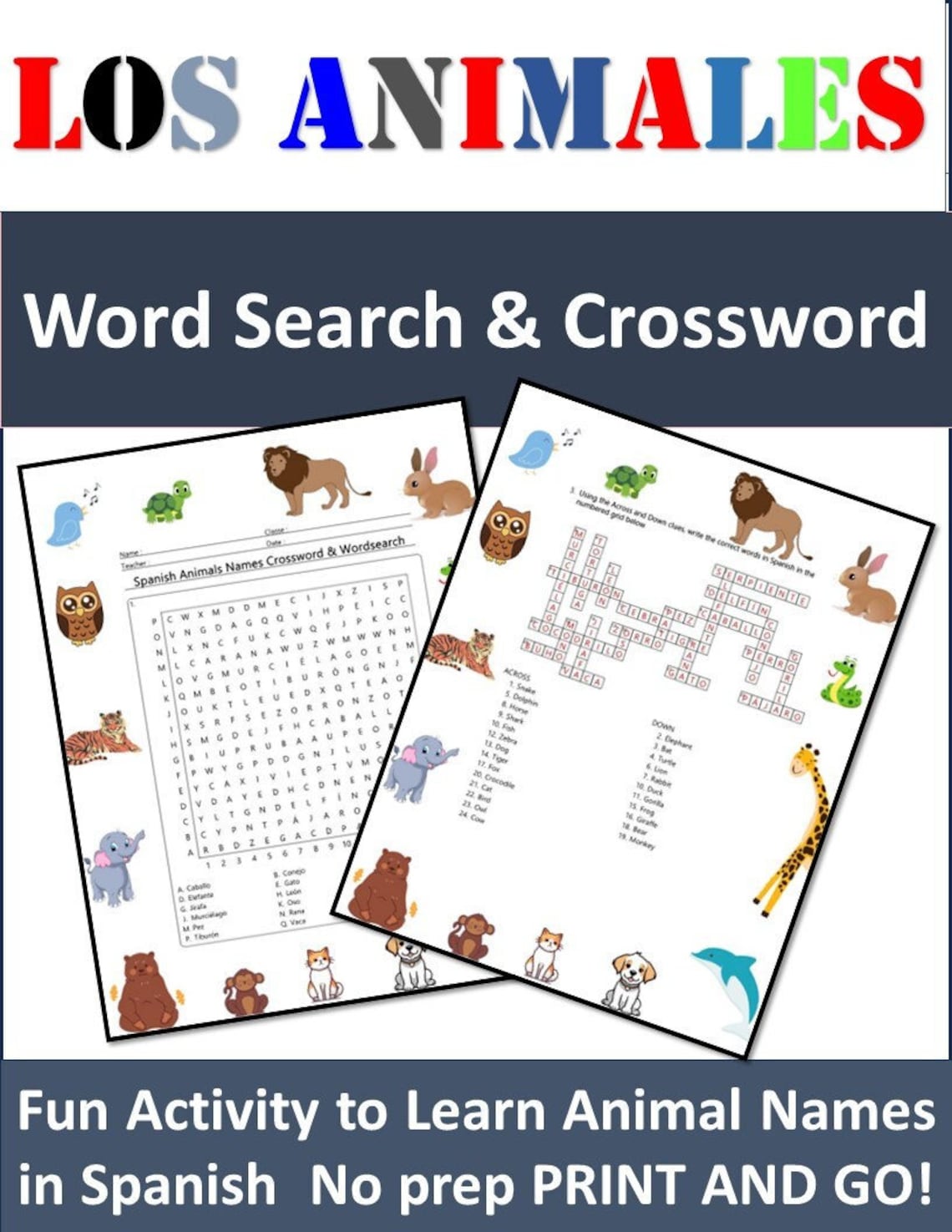 Spanish Animal Names Nombres De Animales Sopa De Letras Y Crucigrama ...