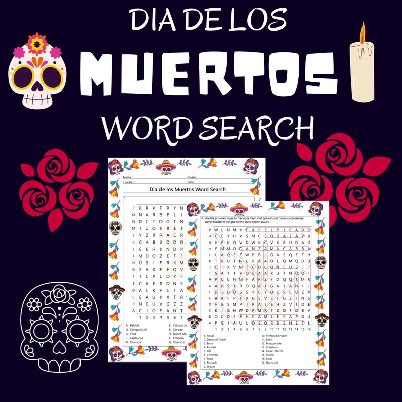 Día De Los Muertos Word Search Printable Day of the Dead Party Games ...