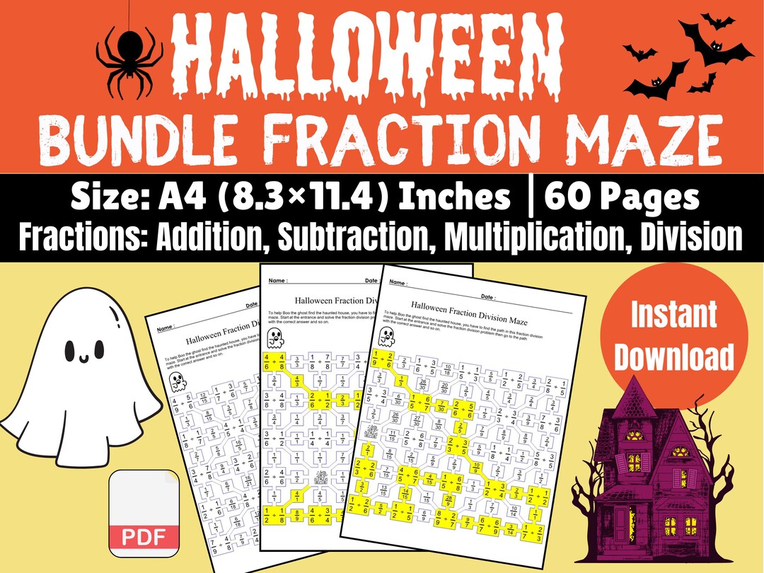 Printable Halloween Fraction Mazes Math Worksheets for 5th Grade Bundle ...