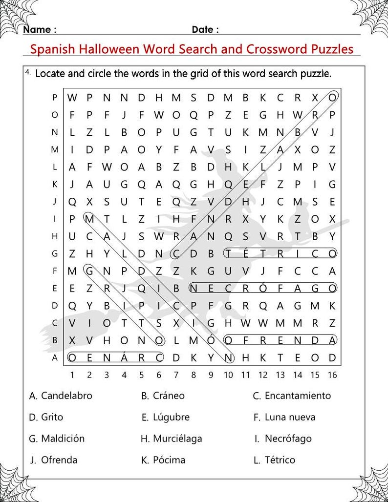 Halloween Printable Spanish Word Search and Crossword 10 Puzzles Noche ...