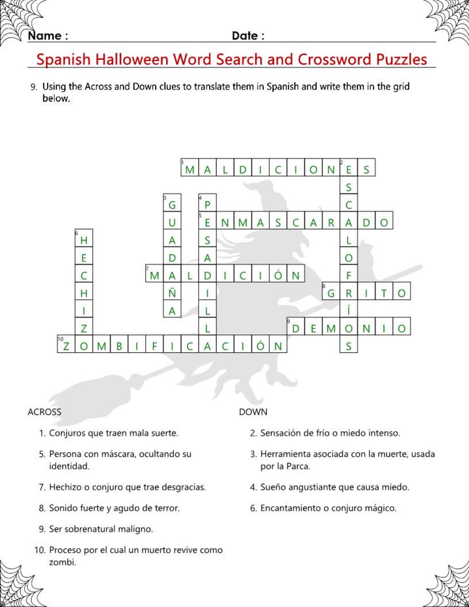 Halloween Printable Spanish Word Search and Crossword 10 Puzzles Noche ...