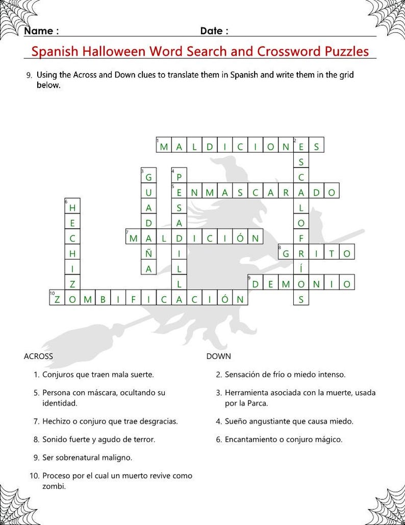 Halloween Printable Spanish Word Search and Crossword 10 Puzzles Noche ...