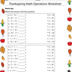 Thanksgiving Math Fact Fluency: Addition Subtraction Multiplication ...