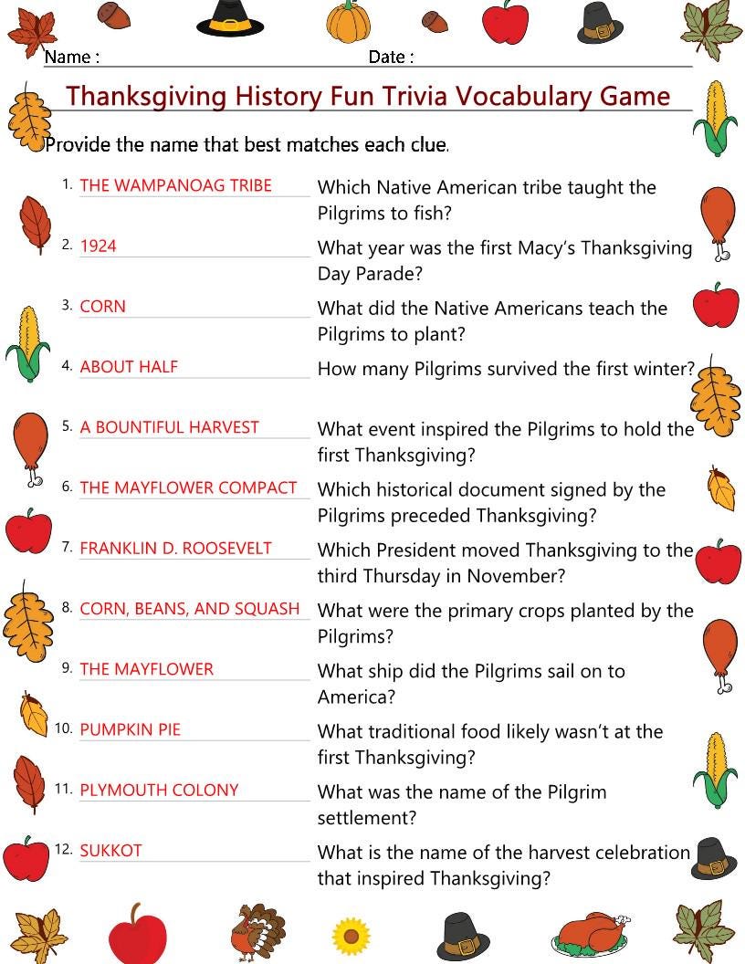 Thanksgiving Trivia Game Bundle: History, Decoding, Crossword ...