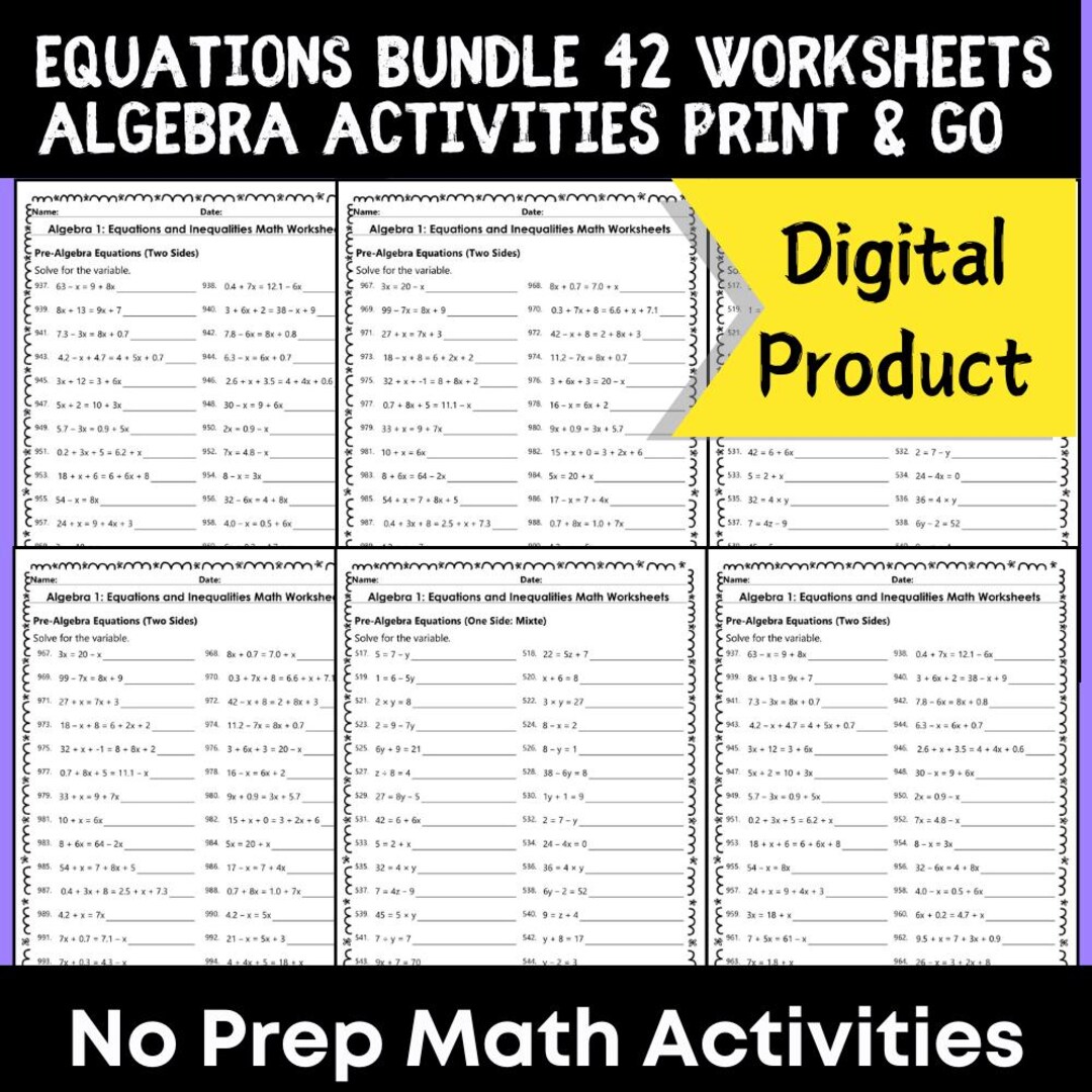 Algebra 1 Equations Bundle 42 Worksheets Practice One Step and Two ...