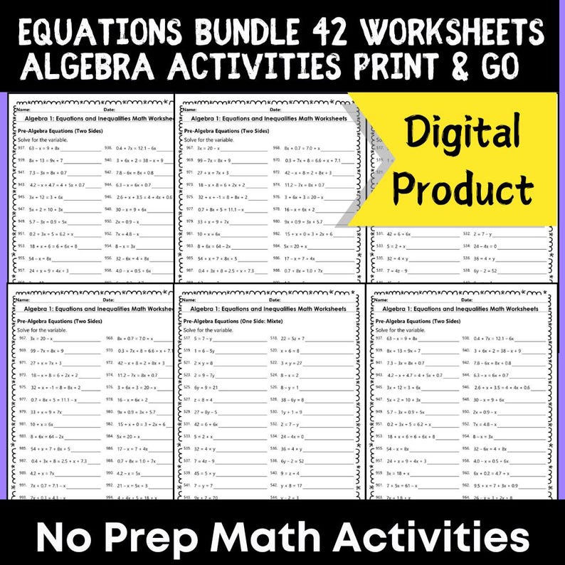 Algebra 1 Equations Bundle 42 Worksheets Practice One Step and Two ...