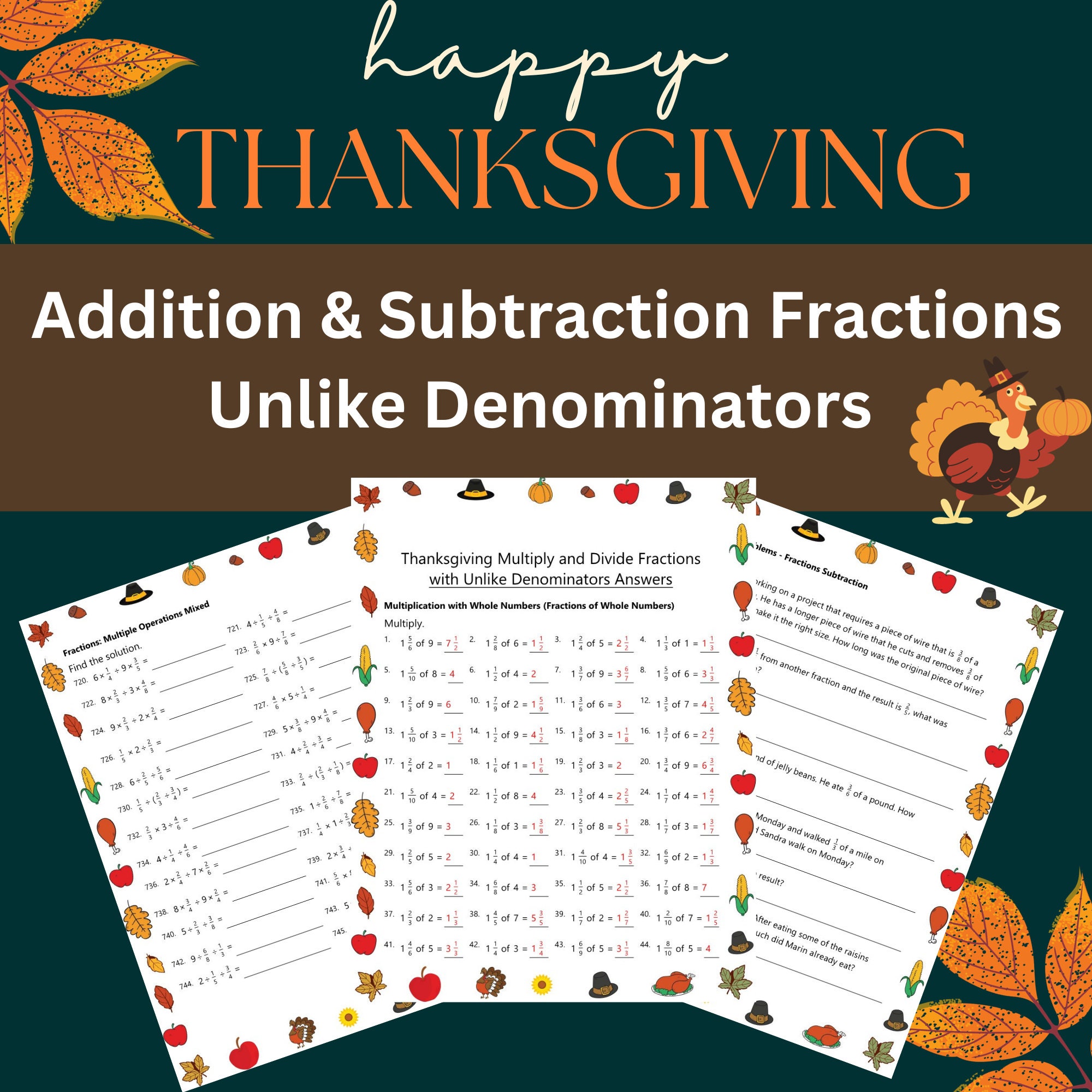 5th Grade Fraction MULTIPLY & DIVIDE FRACTIONS Thanksgiving Math No ...
