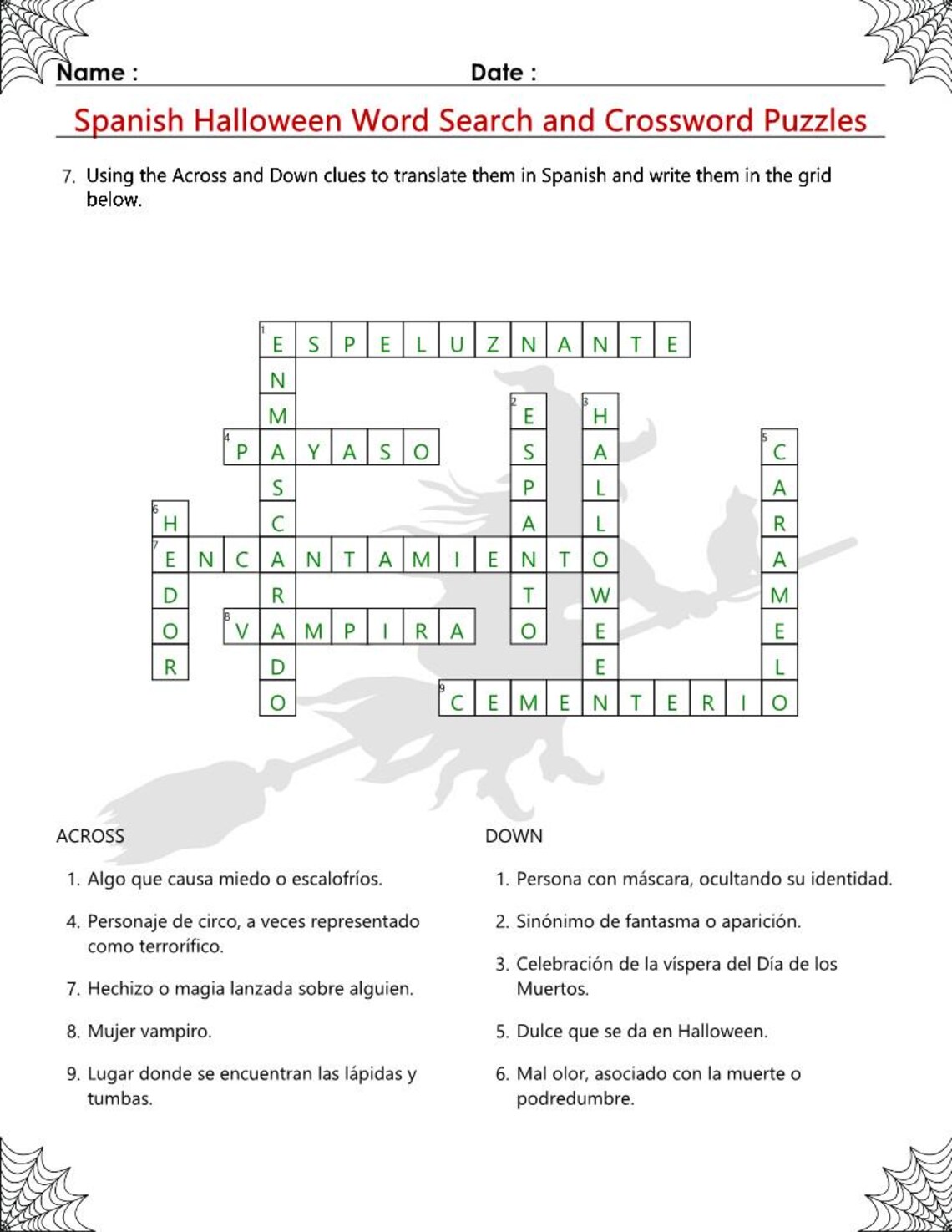 Halloween Printable Spanish Word Search and Crossword 10 Puzzles Noche ...