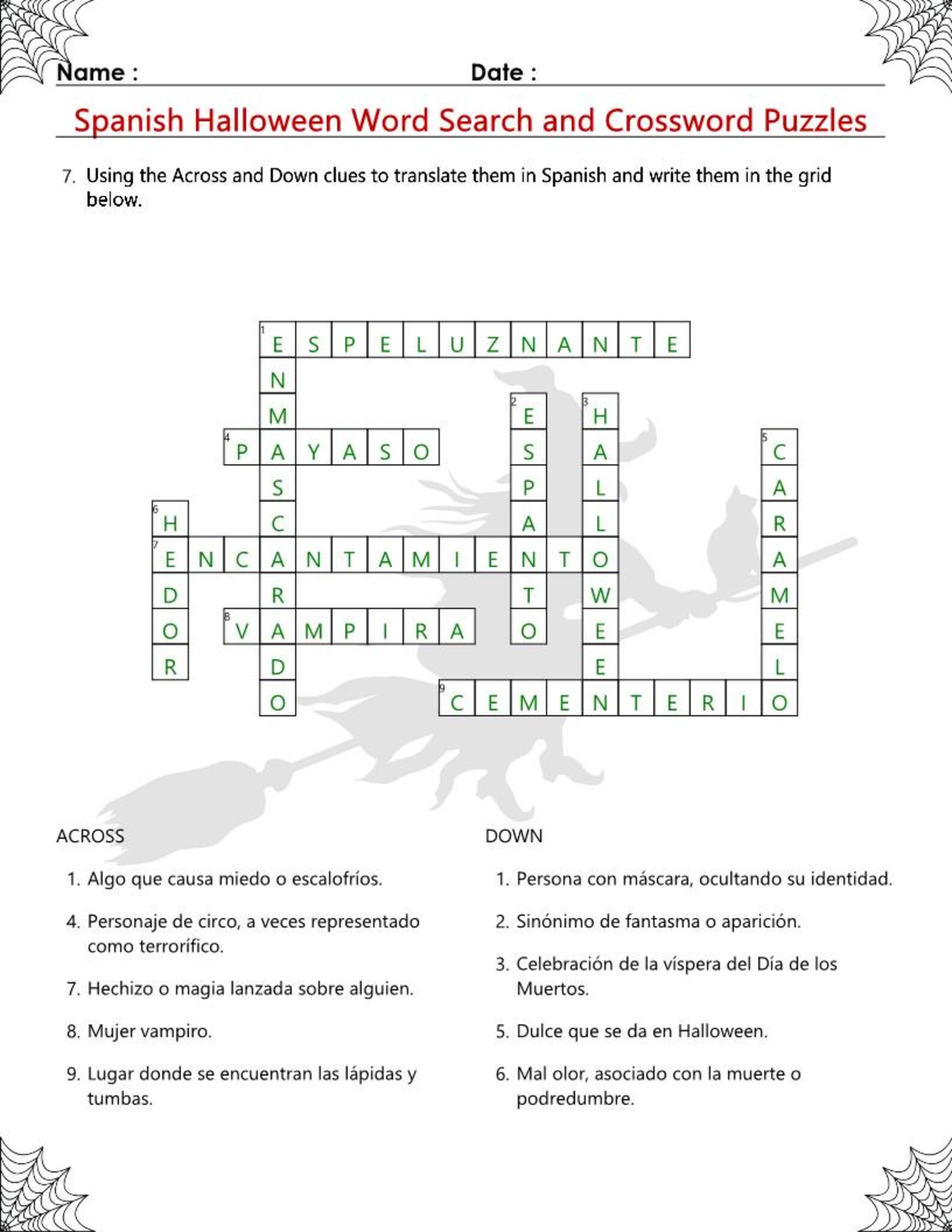 Halloween Printable Spanish Word Search and Crossword 10 Puzzles Noche ...
