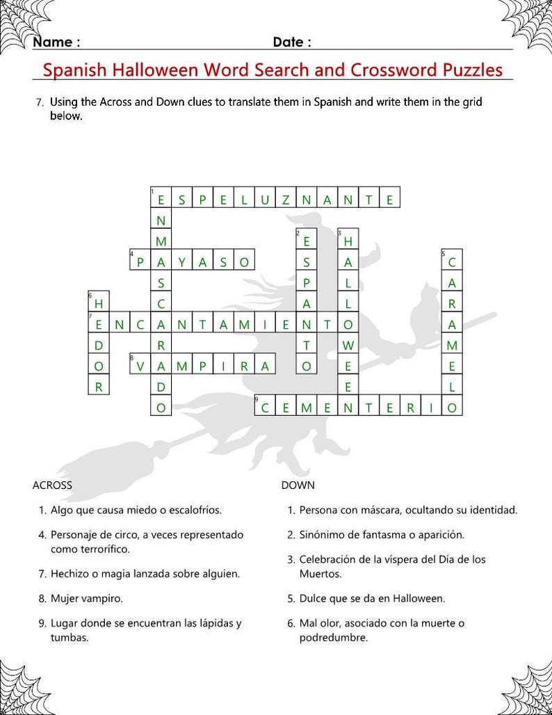 Halloween Printable Spanish Word Search and Crossword 10 Puzzles Noche ...