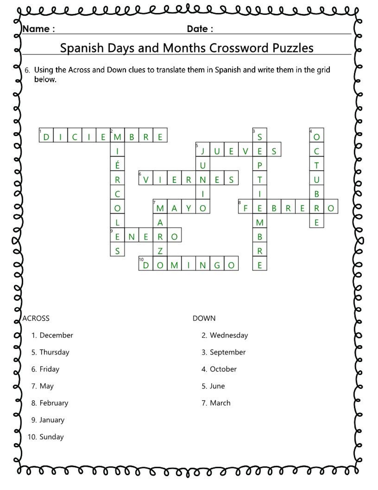 Crucigrama De Los Meses Y Días | Days & Months 6 Spanish Crossword ...