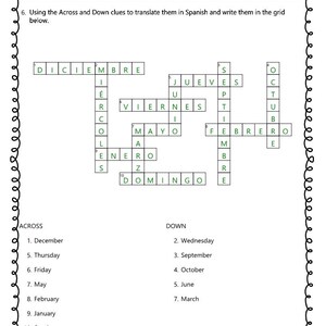 Spanish Days & Months Crossword Puzzles: Learn Spanish (printable ...