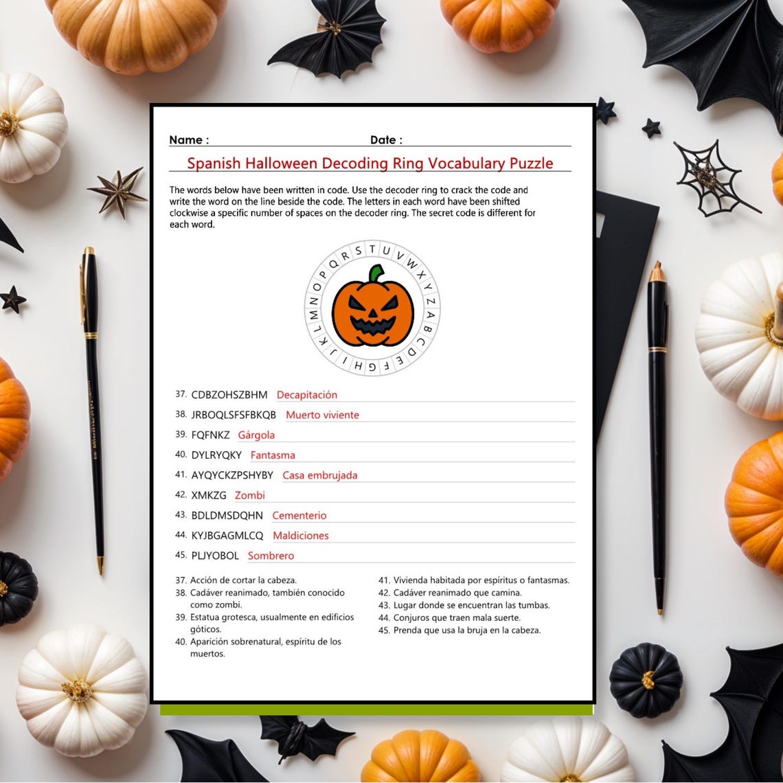 Spanish Halloween 10 Decoding Ring Puzzles Noche De Brujas Espanol ...