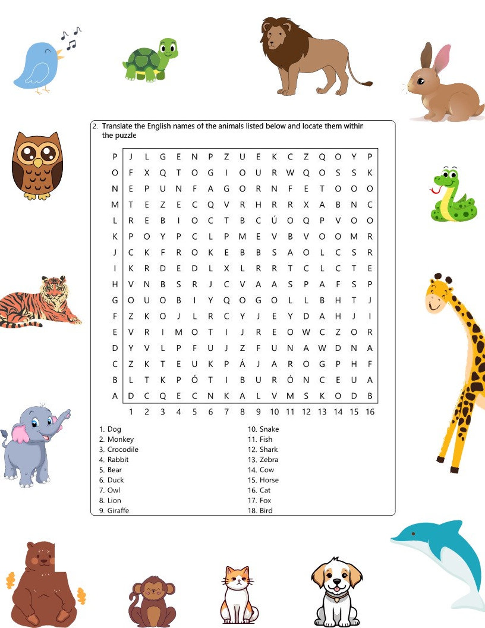 Spanish Animal Names Nombres De Animales Sopa De Letras Y Crucigrama ...