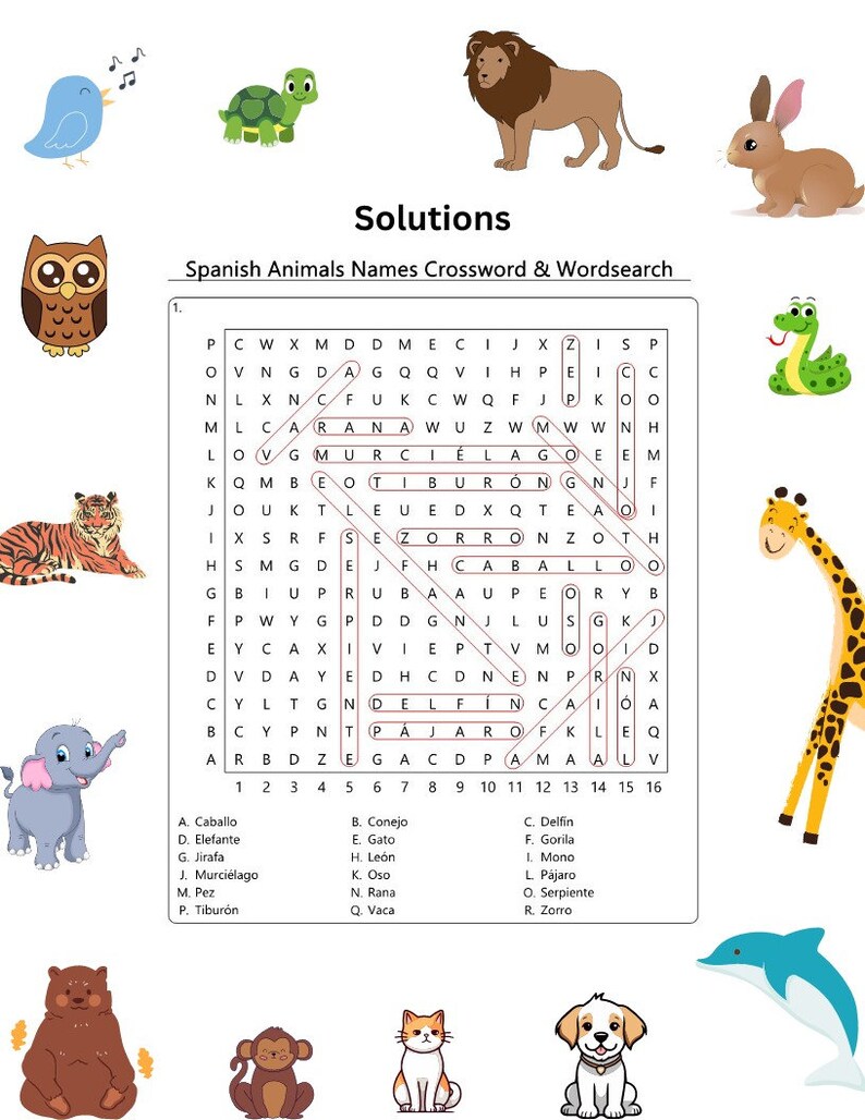 Spanish Animal Names Nombres De Animales Sopa De Letras Y Crucigrama ...