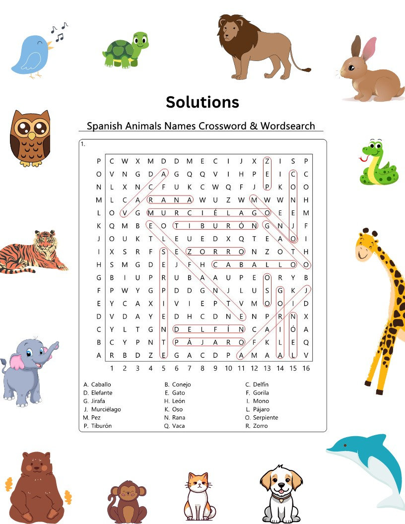 Spanish Animal Names Nombres De Animales Sopa De Letras Y Crucigrama ...