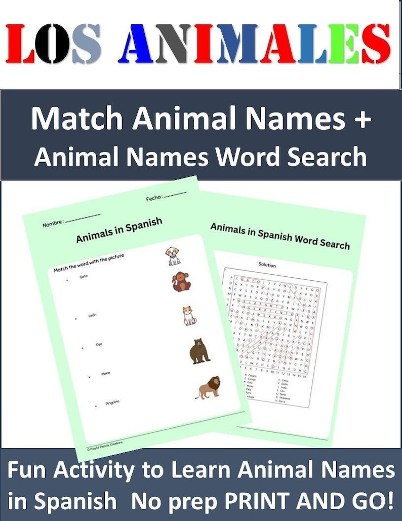 Match Animal Names in Spanish + Word Search About Animals | Los ...