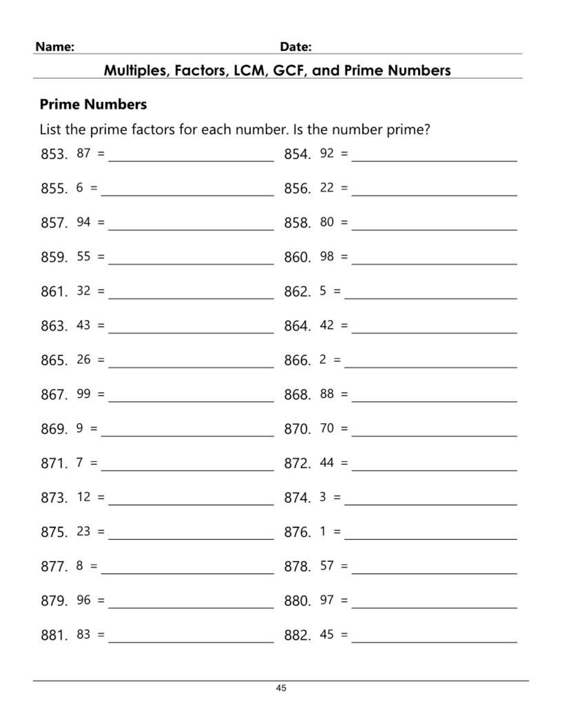 Conquer Factors, LCM, GCF, Multiples, and Primes Printable Worksheets ...