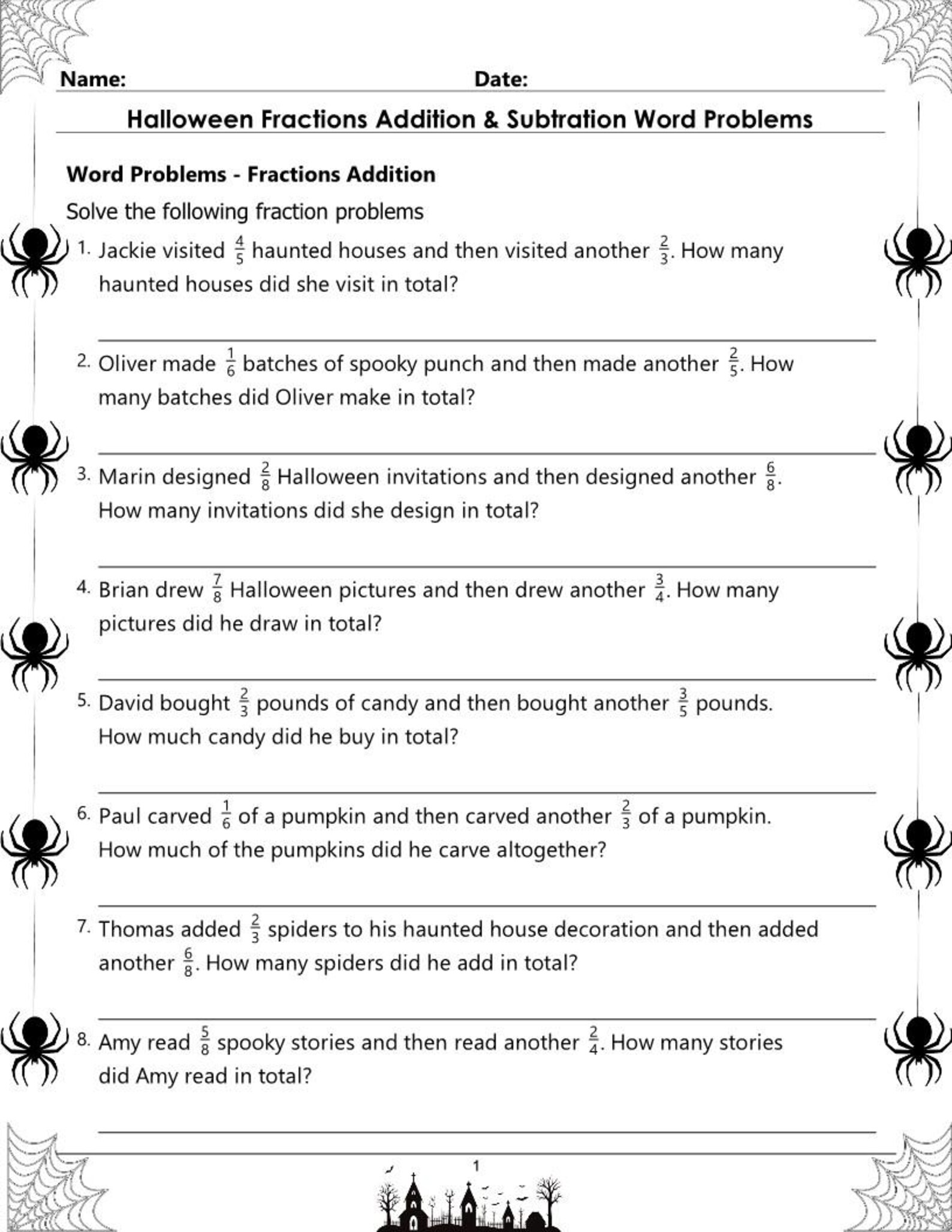 20 Page Printable Halloween Fractions Word Problems Addition ...
