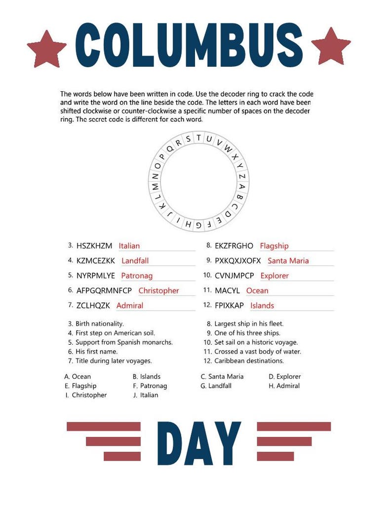 Columbus Day Puzzles: Word Search, Crossword, Decoder Ring (instant ...