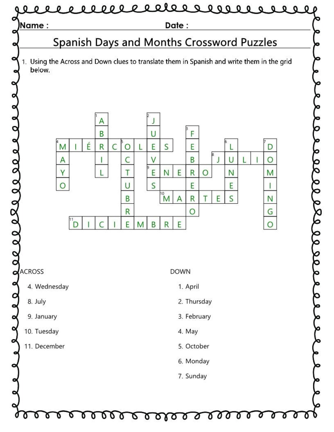 Crucigrama De Los Meses Y Días | Days & Months 6 Spanish Crossword ...