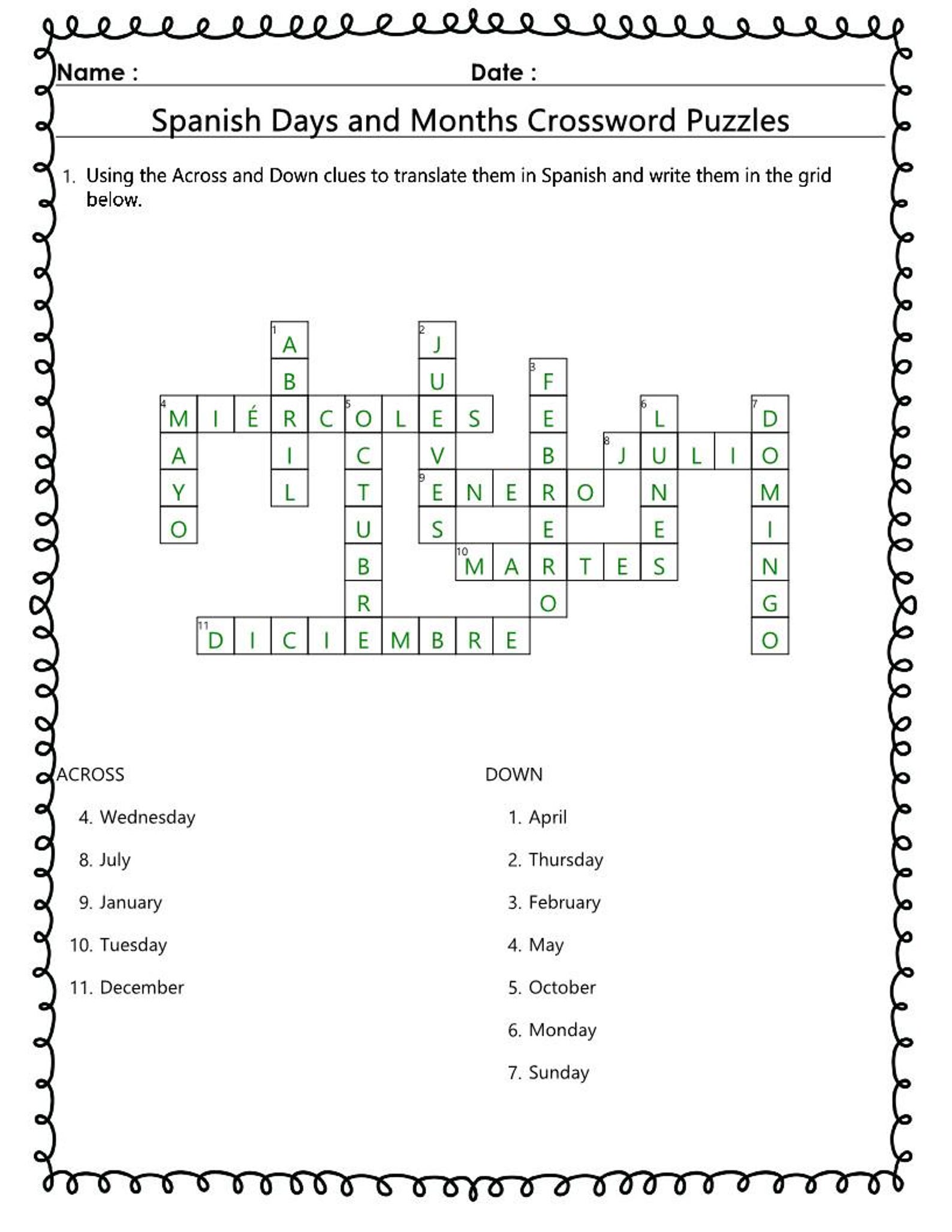 Crucigrama De Los Meses Y Días | Days & Months 6 Spanish Crossword ...