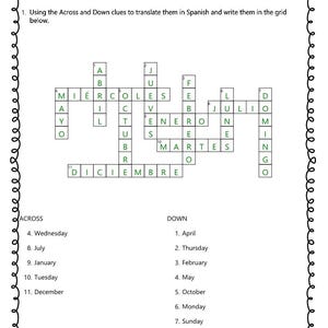 Crucigrama De Los Meses Y Días | Days & Months 6 Spanish Crossword ...