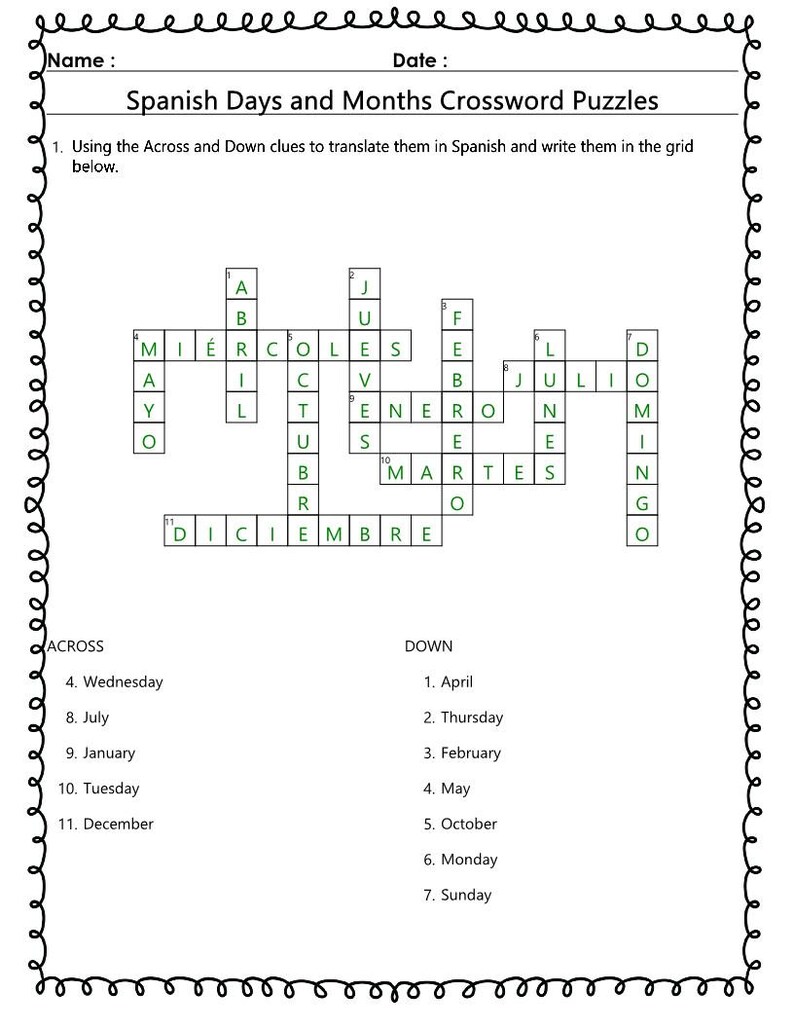 Spanish Days & Months Crossword Puzzles: Learn Spanish (printable ...