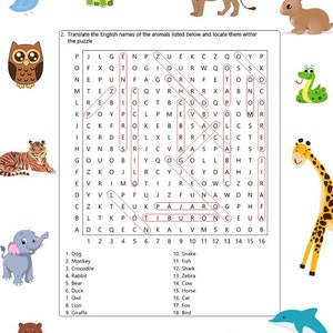 Spanish Animal Names Nombres De Animales Sopa De Letras Y Crucigrama ...