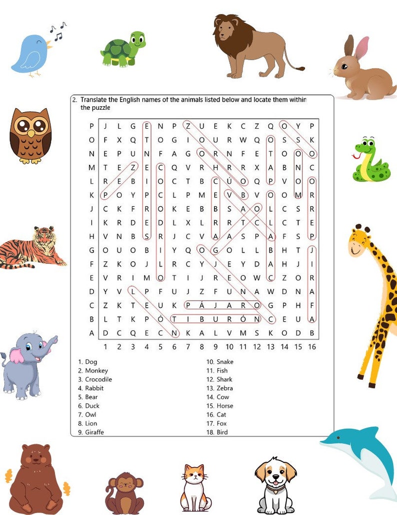 Spanish Animal Names Nombres De Animales Sopa De Letras Y Crucigrama ...