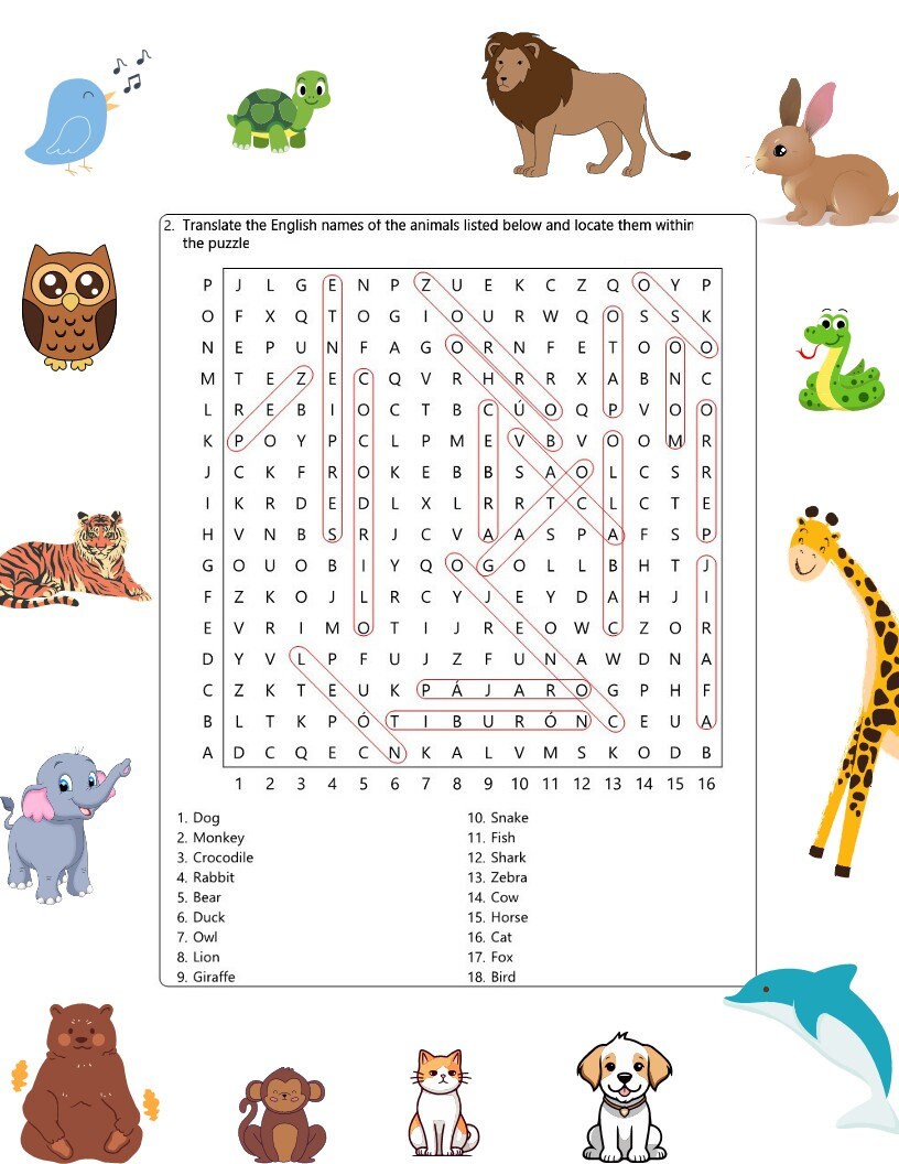 Spanish Animal Names Nombres De Animales Sopa De Letras Y Crucigrama ...