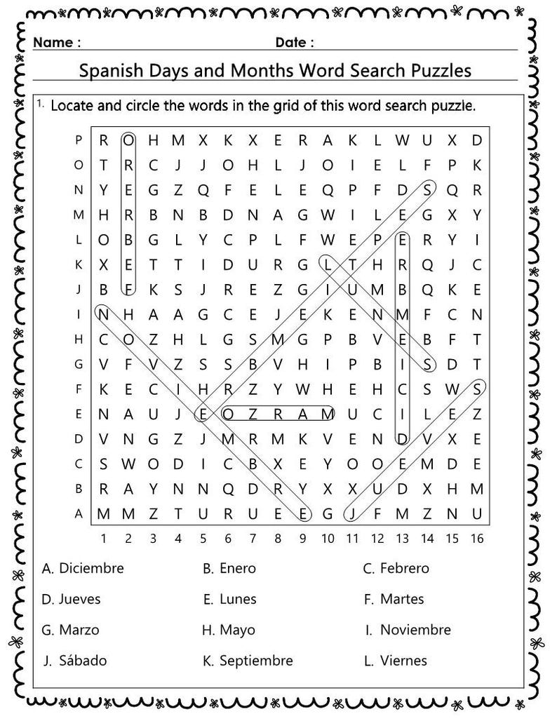 Sopa De Letras De Los Meses Y Días Days & Months 5 Word Search Puzzles ...