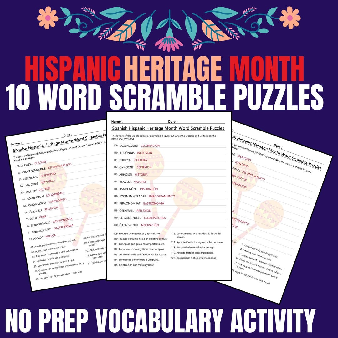 Spanish Word Scramble 10 Puzzles, Hispanic Heritage Month No Prep ...