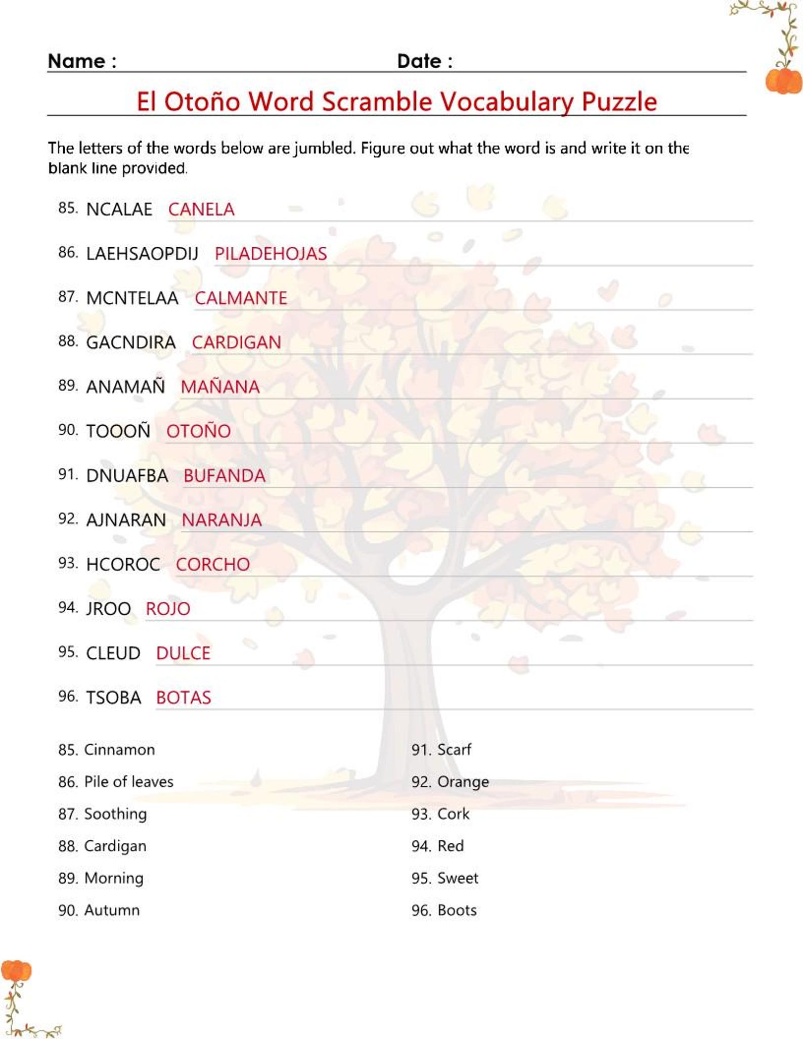 El Otoño: Spanish Autumn Fall Word Scramble Game, Printable Games for ...